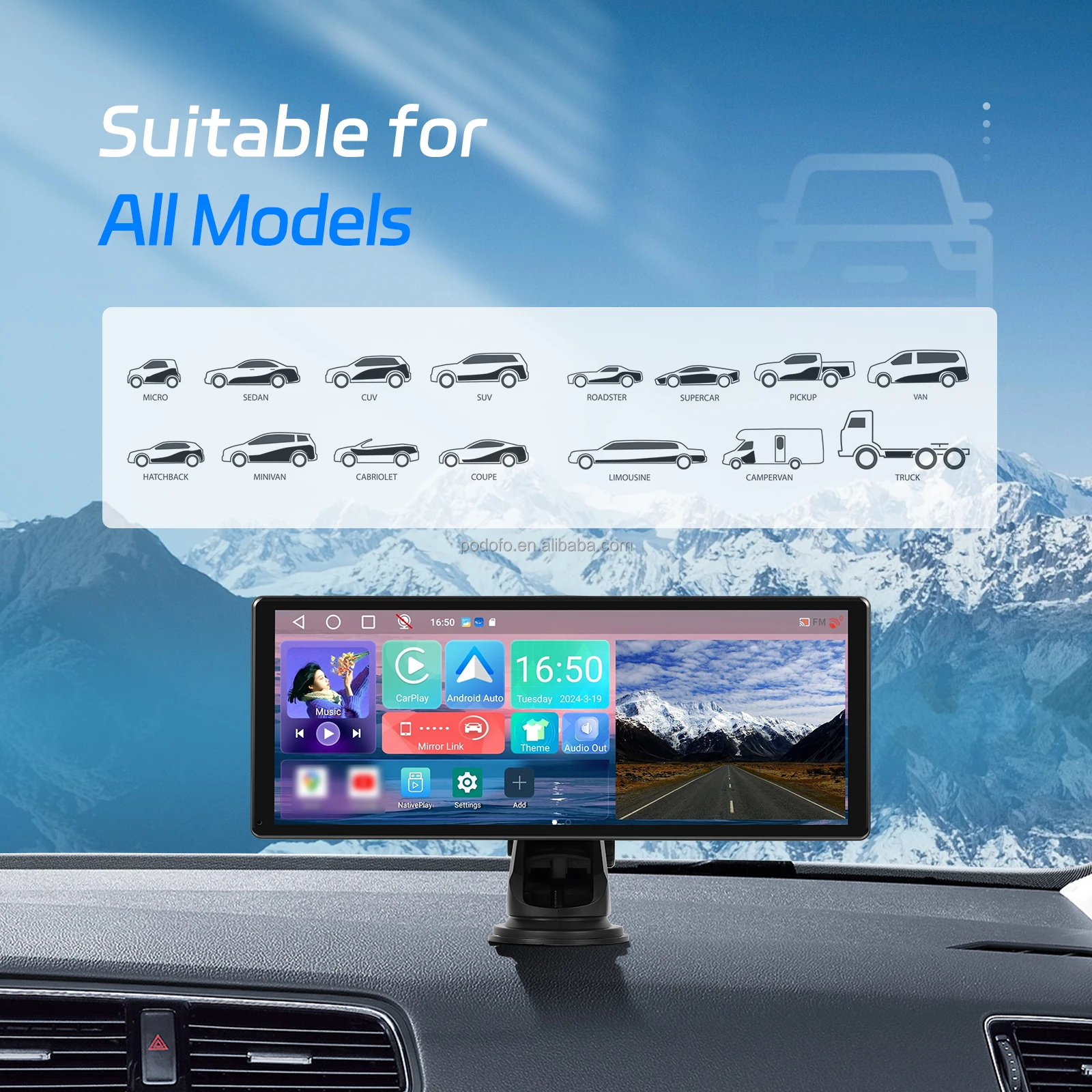 Podofo 11.3" Portable Carplay Screen - Android Auto BT Wifi