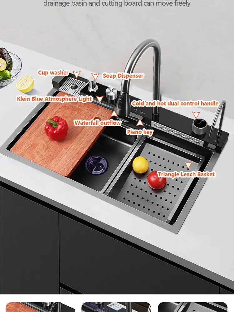 Modern Luxury Smart Multifunction Rainfall Black Sink Waterfall Piano ...