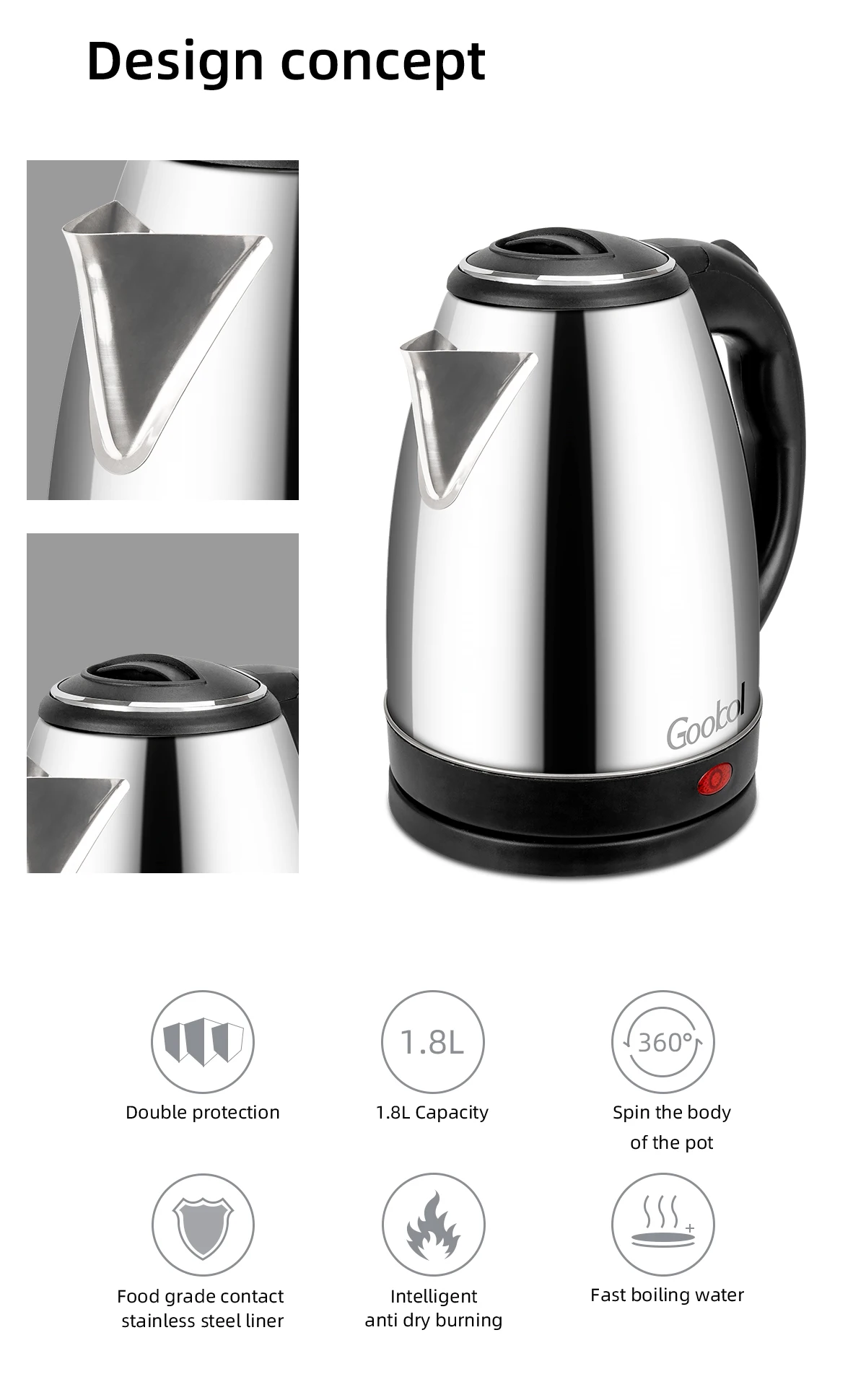 GOOBOL Cordless Electric Kettle - Efficient & Safe Brewing