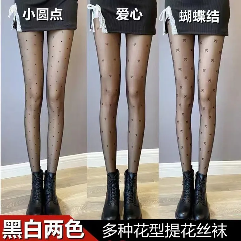 Summer Thin Jacquard Pantyhose for Women Mini Heart Black White Polka ...