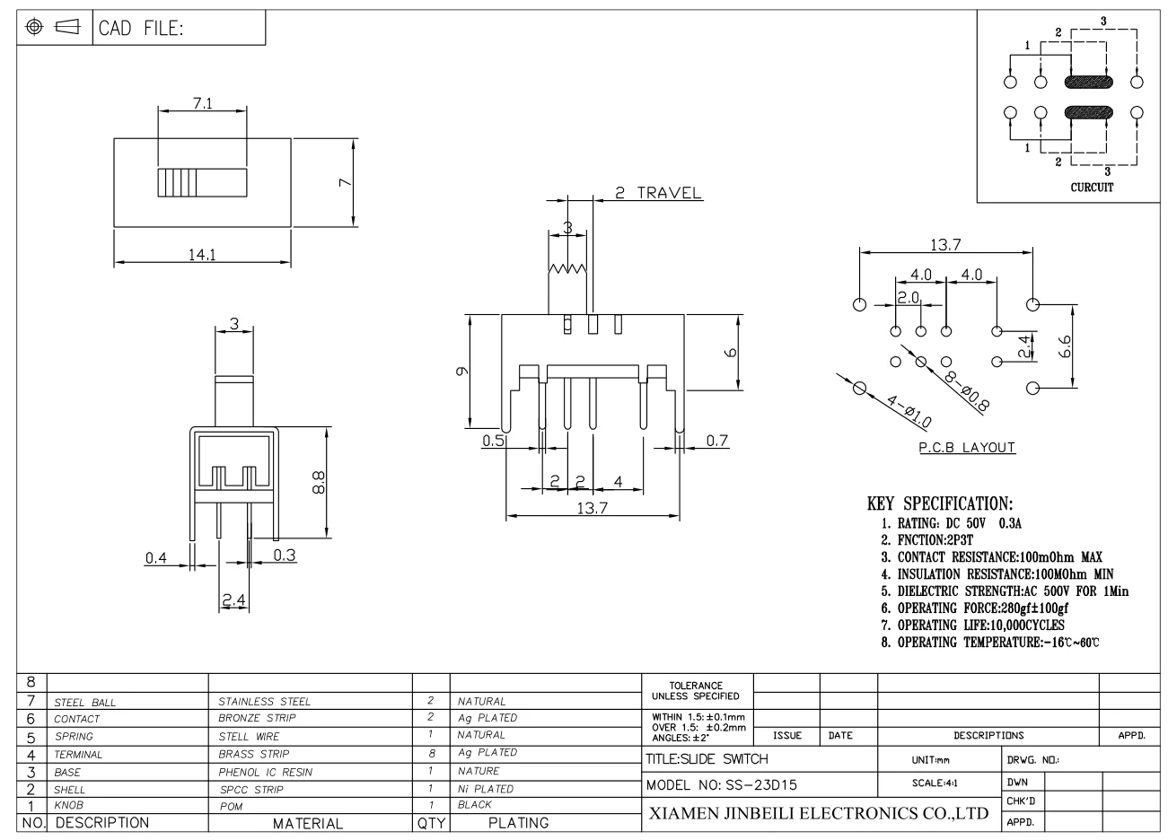 SS-23D15 DP3T Slide Switch Vertical DIP Type 2P3T with 8 Terminals DC 30V 0.3A Slide Switch ...