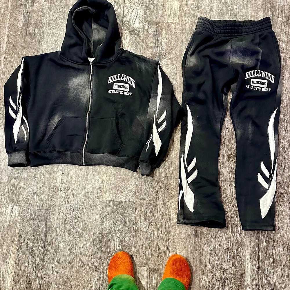 Custom Distressed Applique Patch Embroidery Jogger Tracksuits Acid Wash ...