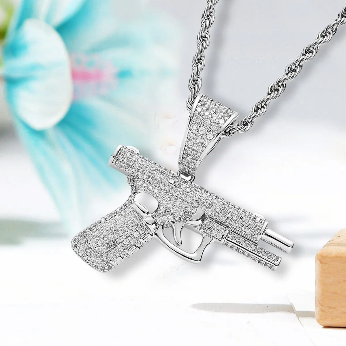 Gun Pistol Solid Golden Finish Pendant Real Rope Chain Necklace ...