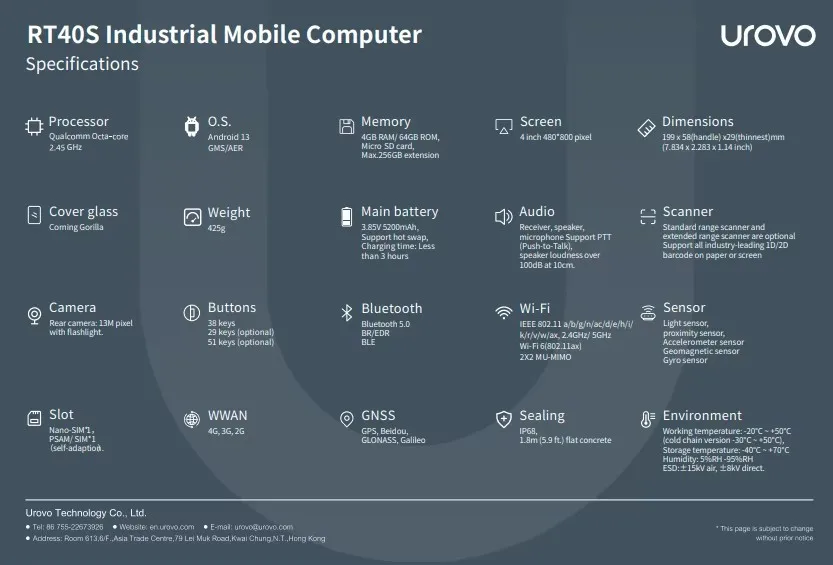 Urovo RT40S Android 4-Inch Screen Rugged PDA NFC RFID Reader 2D Barcode Scanner WIFI ...