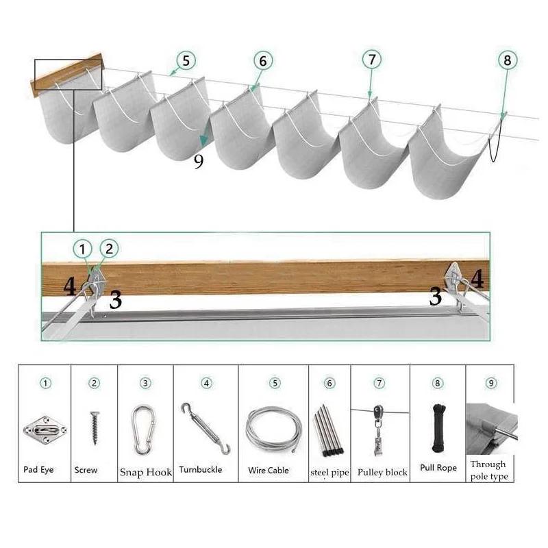 Retractable Pergola Sun Shade Canopy Sliding Pulley System