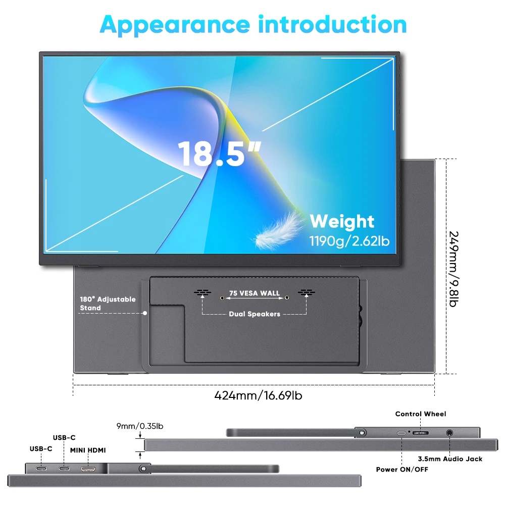 Portable Monitor 18.5 Inch - Ideal for Gaming & Travel