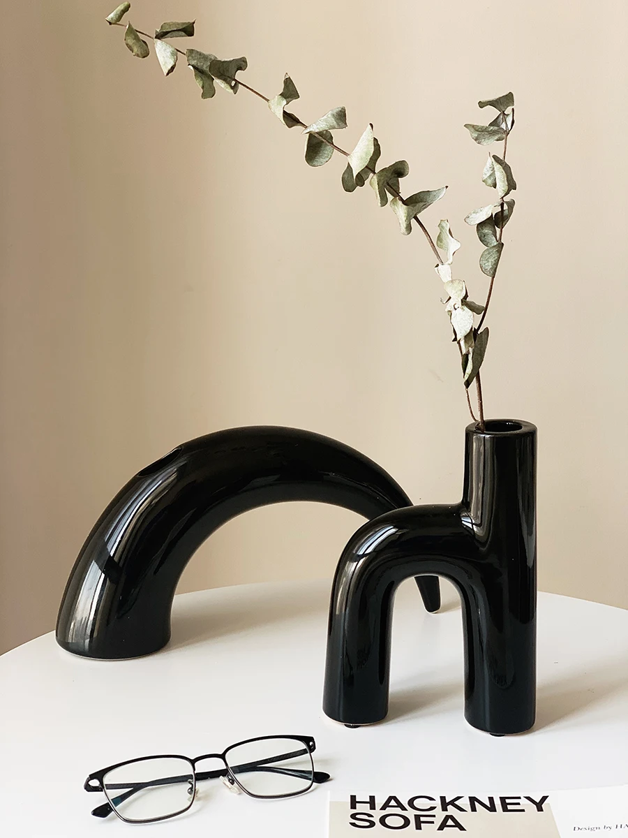 Black H Shape Flower Vase Art Design Tabletop Ceramic Vase Decorative ...