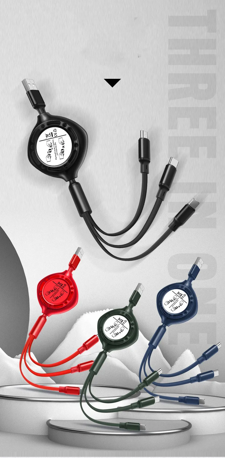 Metal Housing 2.4a Retractable Usb A To C Micro & L Cable Retracted Usb ...