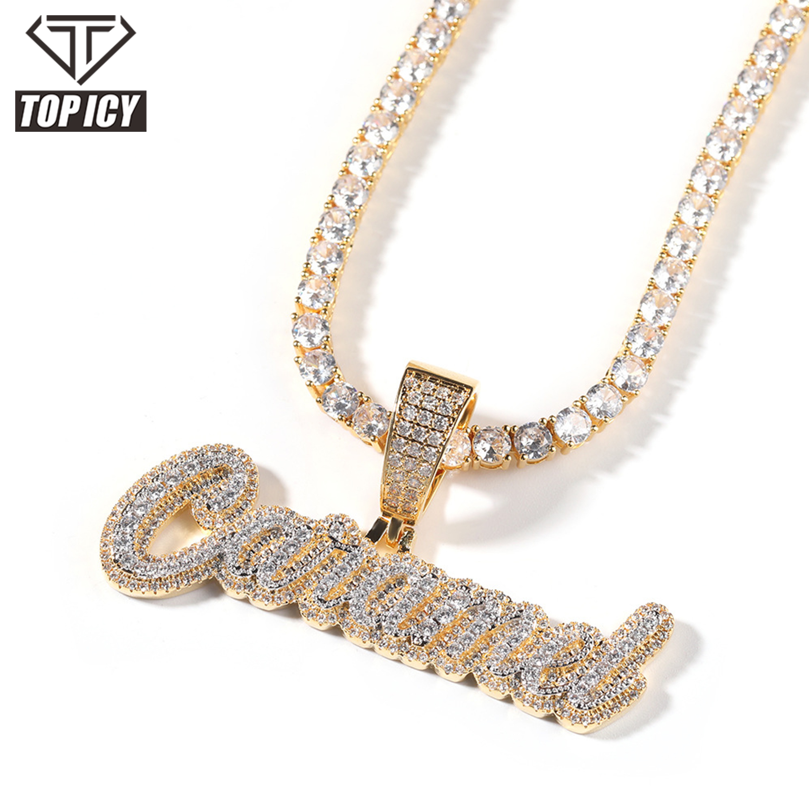 Top Icy Full Cz Micro Paved 2 Layers Bi Color Nameplate Necklace ...