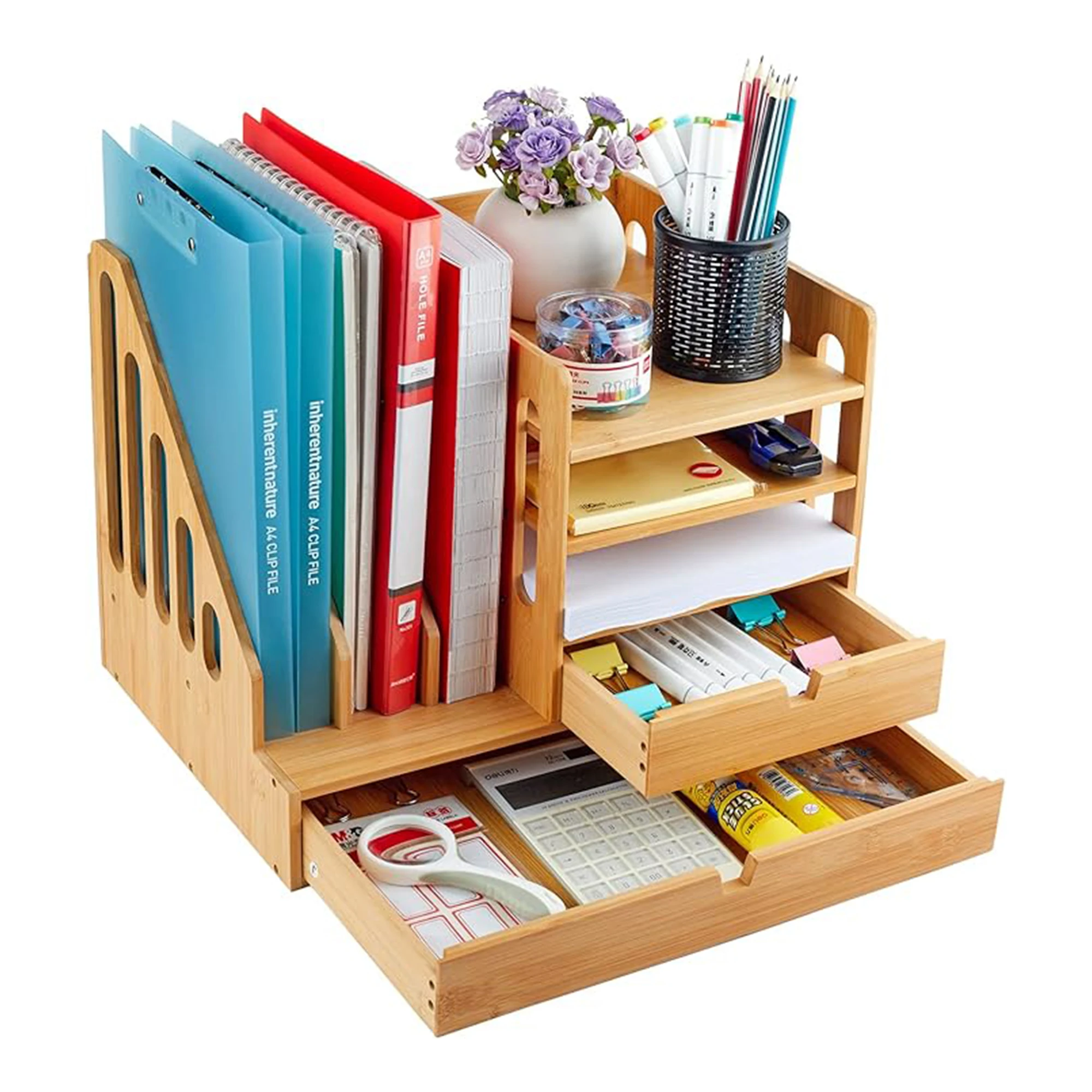 Multi-function Bamboo Wooden Desktop Organizer Modern Desk Storage ...