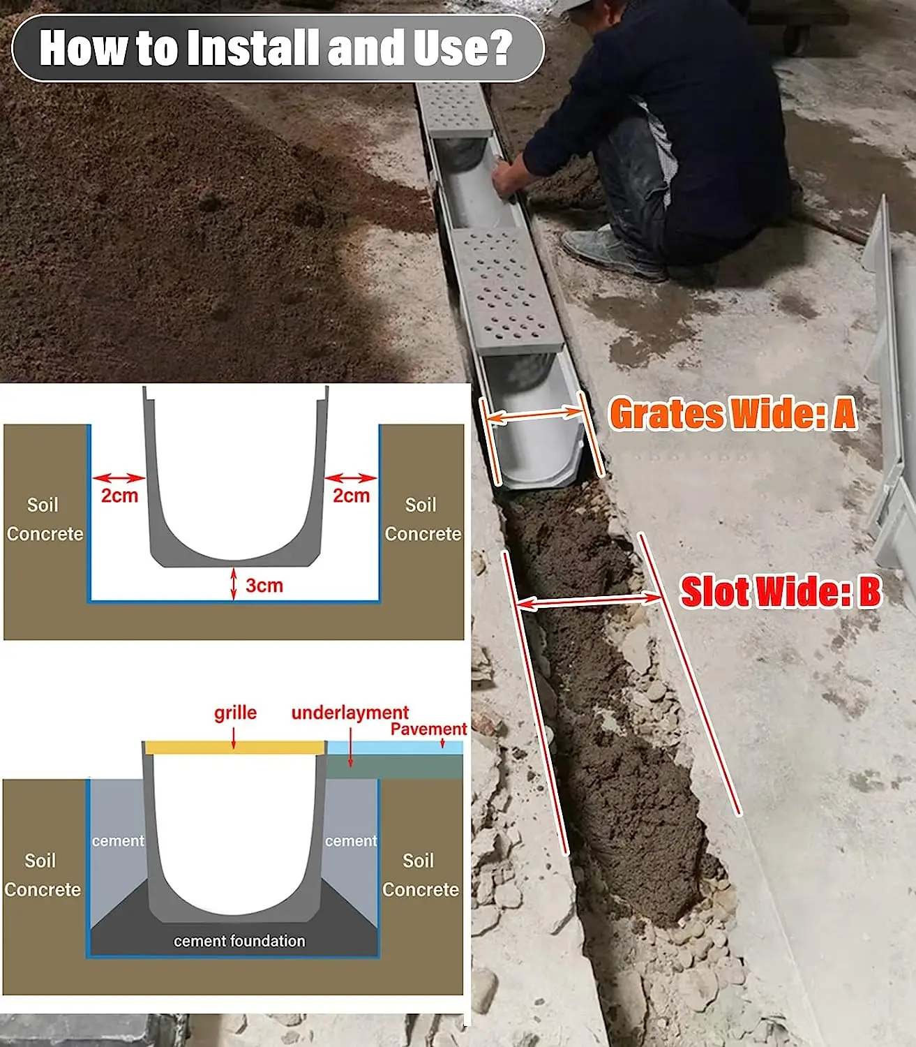 JIBOO Outdoor Silver Trench Drainage System - Durable & Efficient
