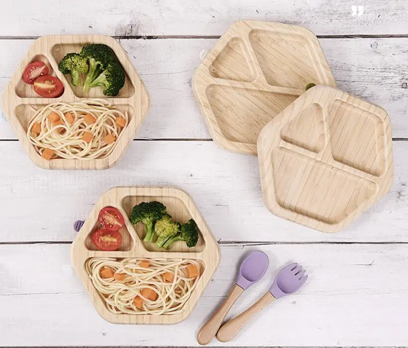 Baby Divided Dinnerware Set Spoon Fork Silicon Suction Plate Bamboo ...
