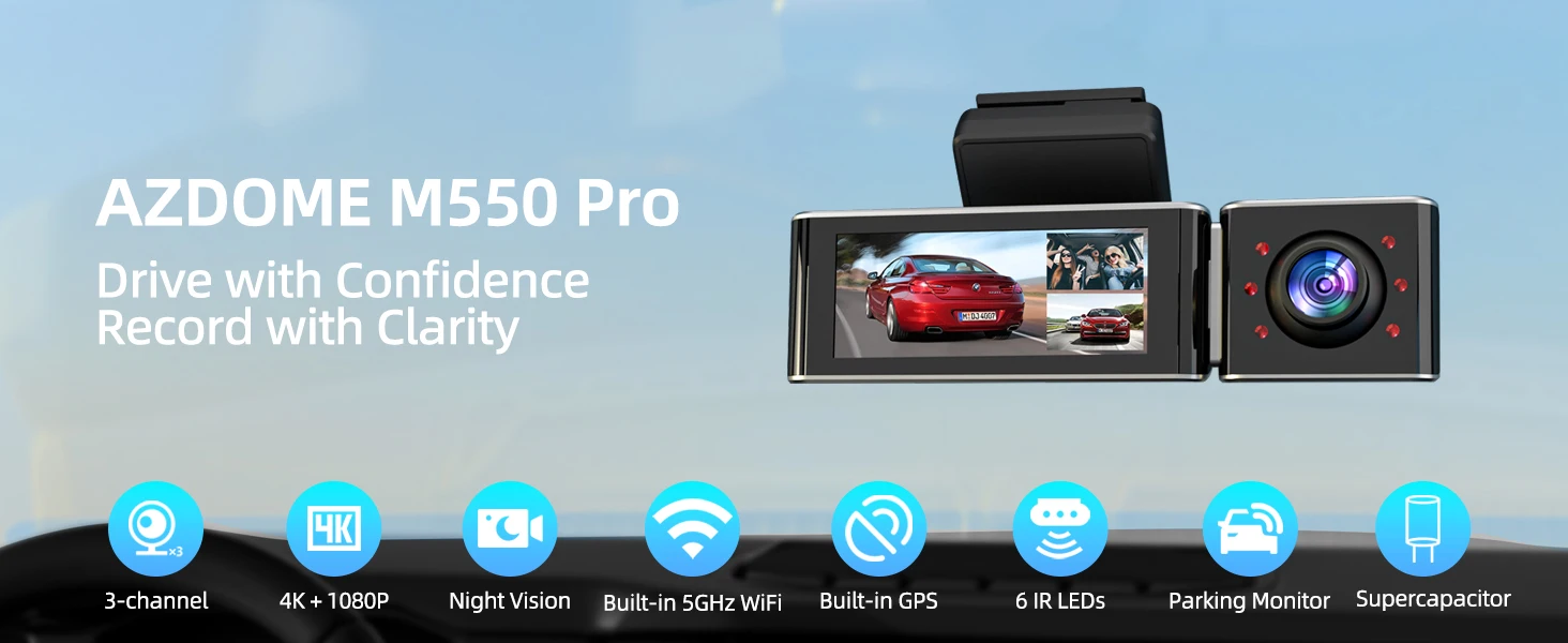 AZDOME M550 Pro-3ch DASH CAM - Smart & Reliable Recording