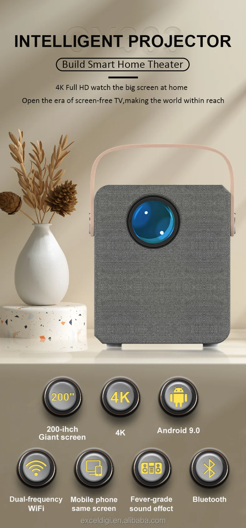 Excel Digital Cy303 4k 3d Android Smart Wifi Pico Mini Pocket Portable Led Dlp Projector Home ...