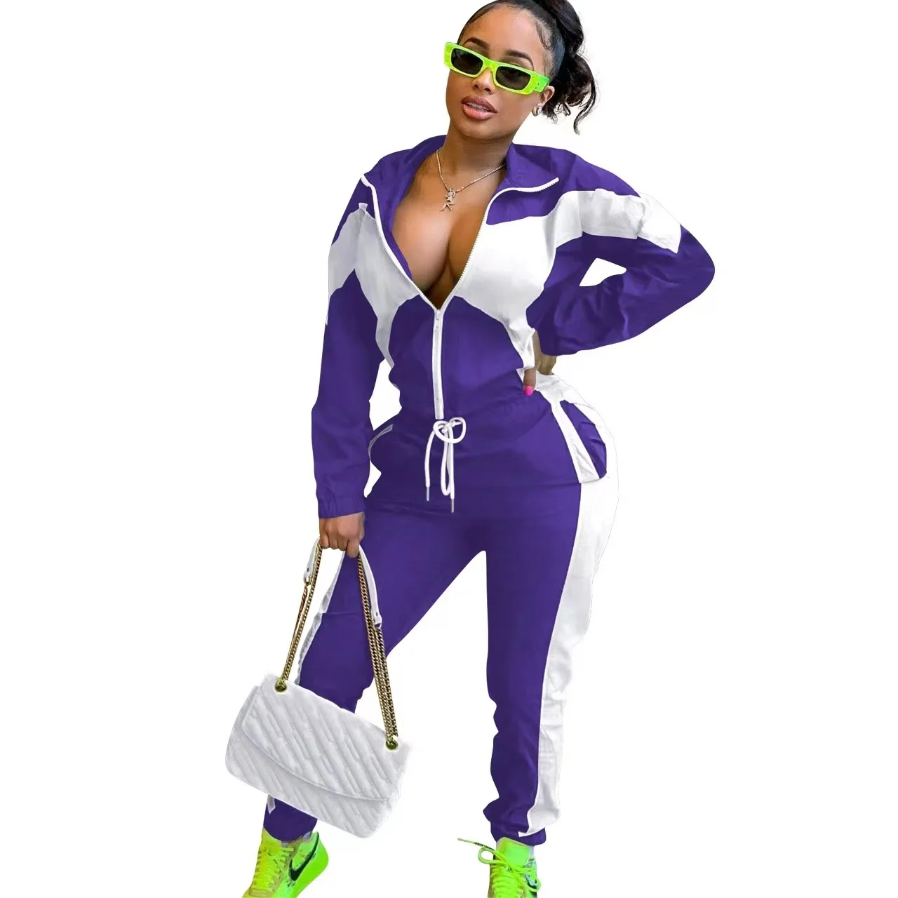 Conyson Women Tracksuit Custom Logo Color Block Cardigan 2 Piece Plus Size Women's Clothing High ...