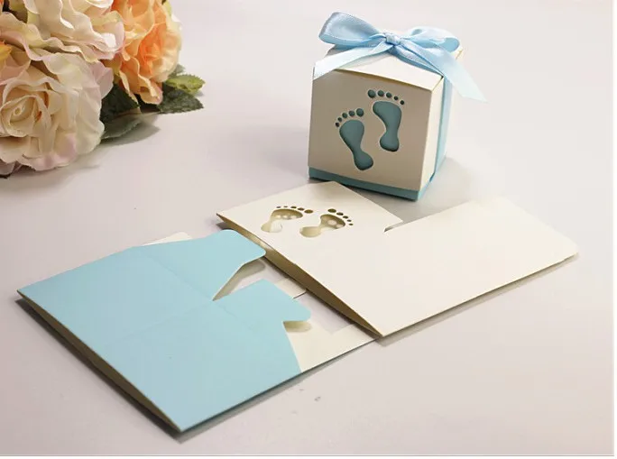 Newborn Baby Footprints Candy Boxes with Ribbon Baby Shower Packaging ...