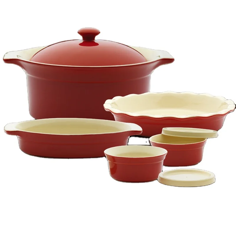 Stoneware Red Kitchen Soup Tureen Large Casserole Pie Dish Seafood Pan ...