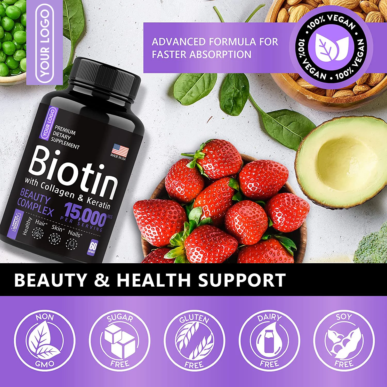 Private Label Biotin Keratin Collagen Pills Organic Biotin Capsules For ...