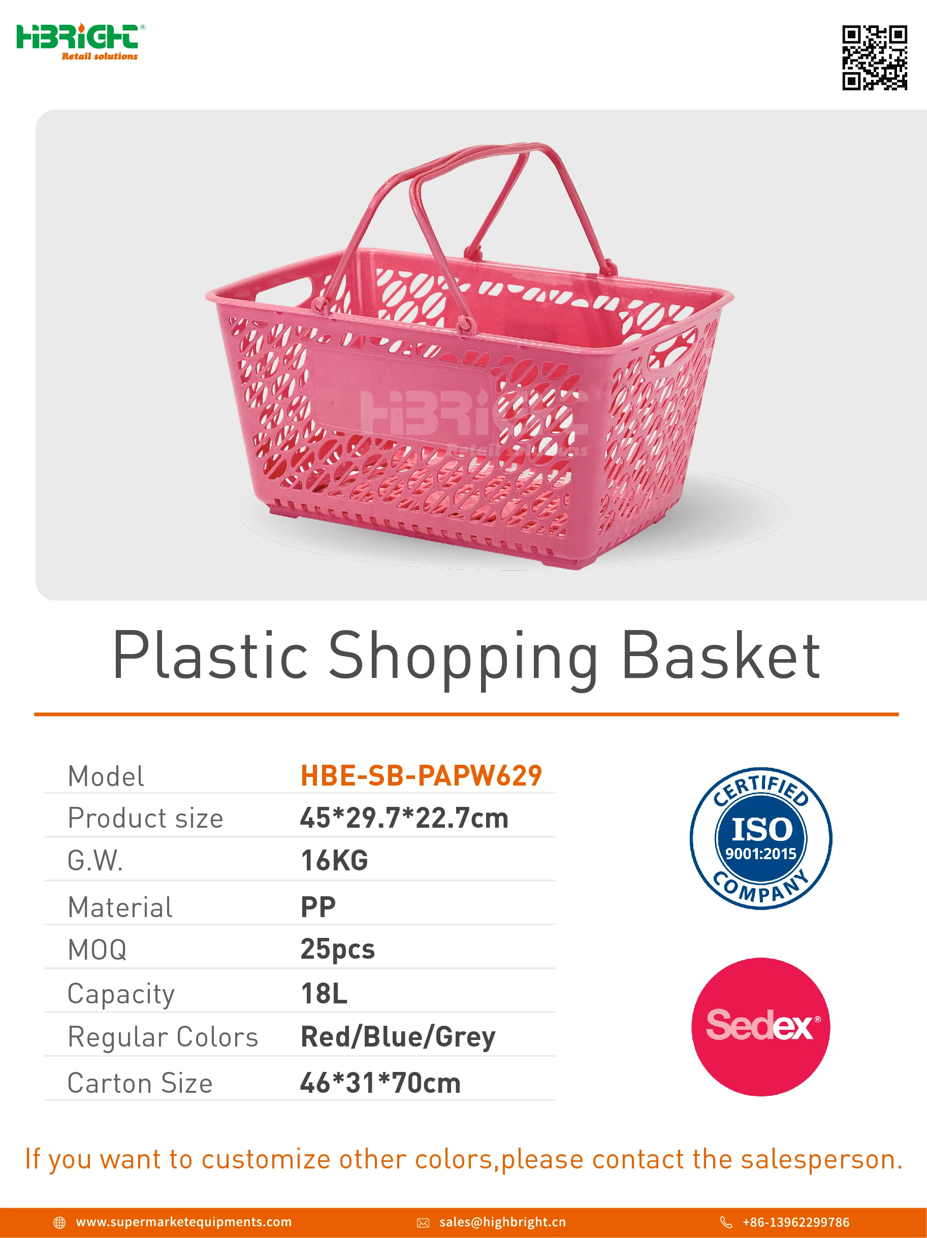 Customized Color Logo Double Handle Plastic Hand Basket Supermarket ...