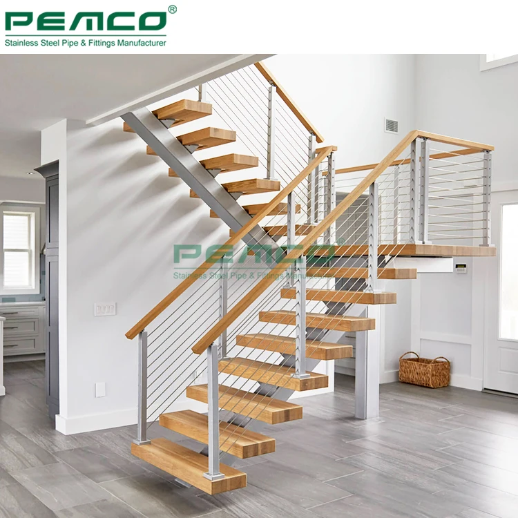 Straight Single Steel Stair Beam Floating Staircase Cable Railing ...