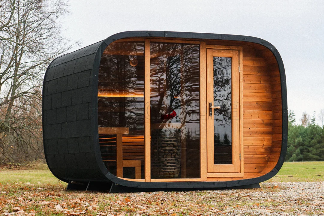 Curved Wooden Sauna Room with Large Windows | Contemporary Outdoor ...