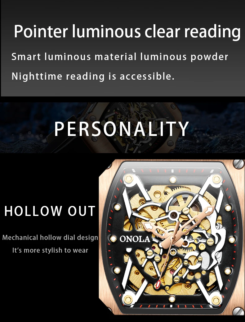 ONOLA 3829 Luxury Tonneau Skeleton Mechanical Wristwatch