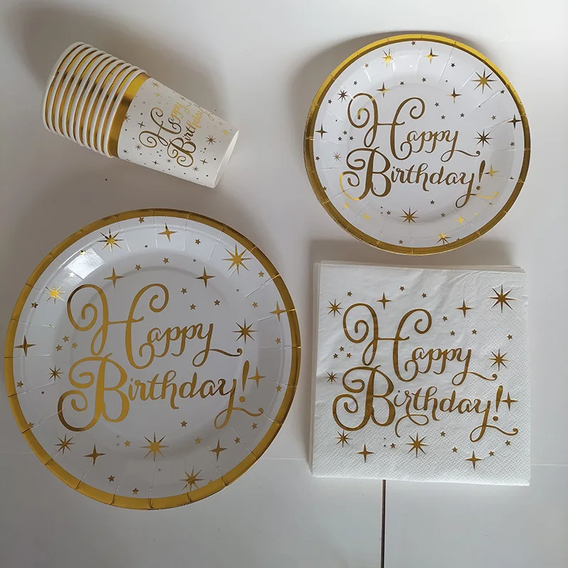 Gold Hot Stamping Happy Birthday Disposable Tableware Set Paper Dish ...