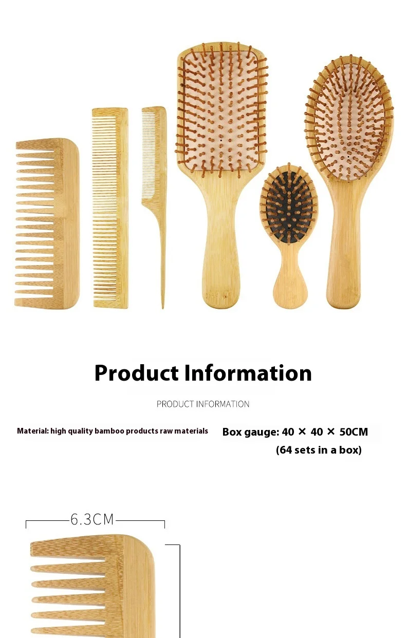 6-Piece Set of Smooth Bamboo Wooden Wide-Tooth Tail Combs Custom Logo ...