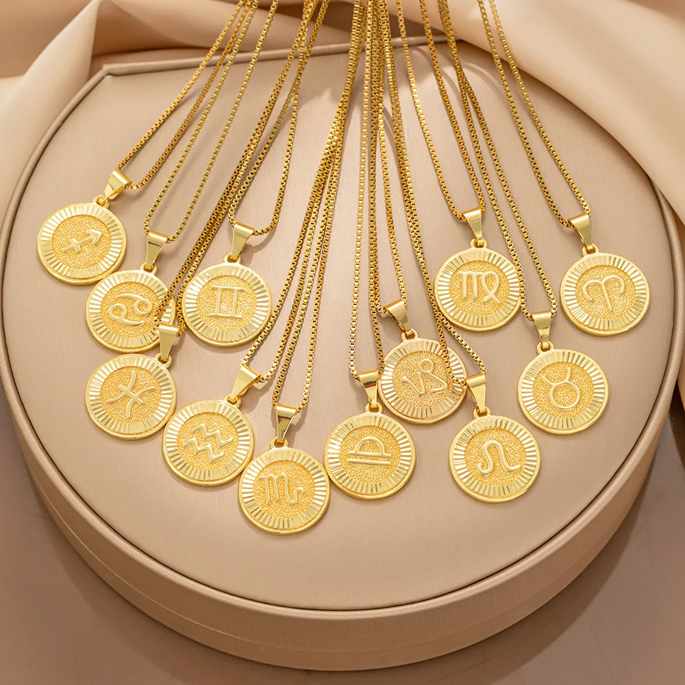 Stainless Steel 12 Constellations Necklace Zodiac Disc Patterned ...