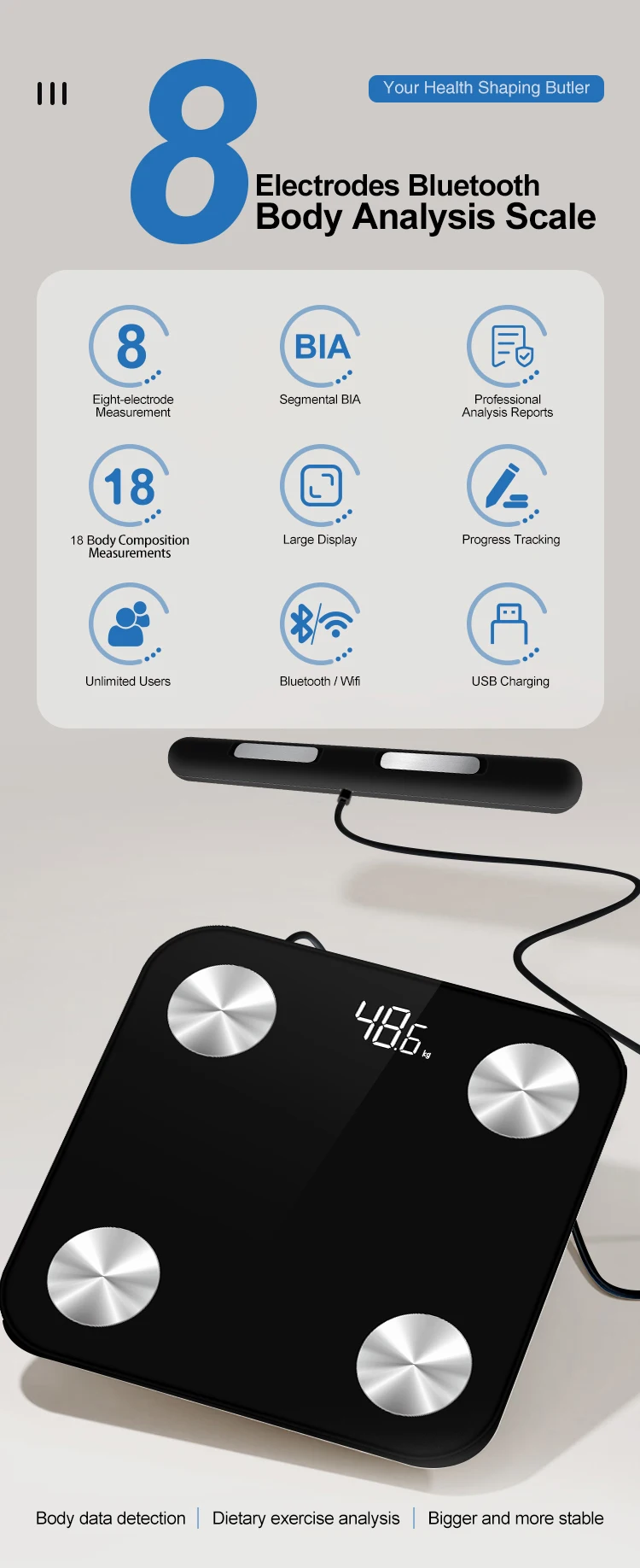 8 Electrode Body Fat Smart Scale Tempered Glass Weighing Scales Digital ...