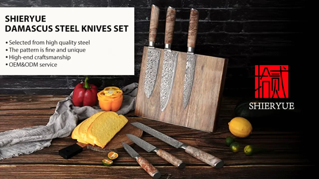 Luxury Wooden Gift Box Damascus Knives Set 5 Pcs Shadow Wood Damask ...