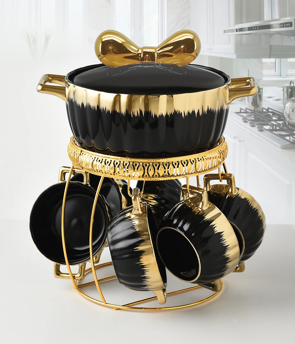 Hot Selling Ceramic Gold Cooking Pot Cookware Set Casserole Ceramic ...