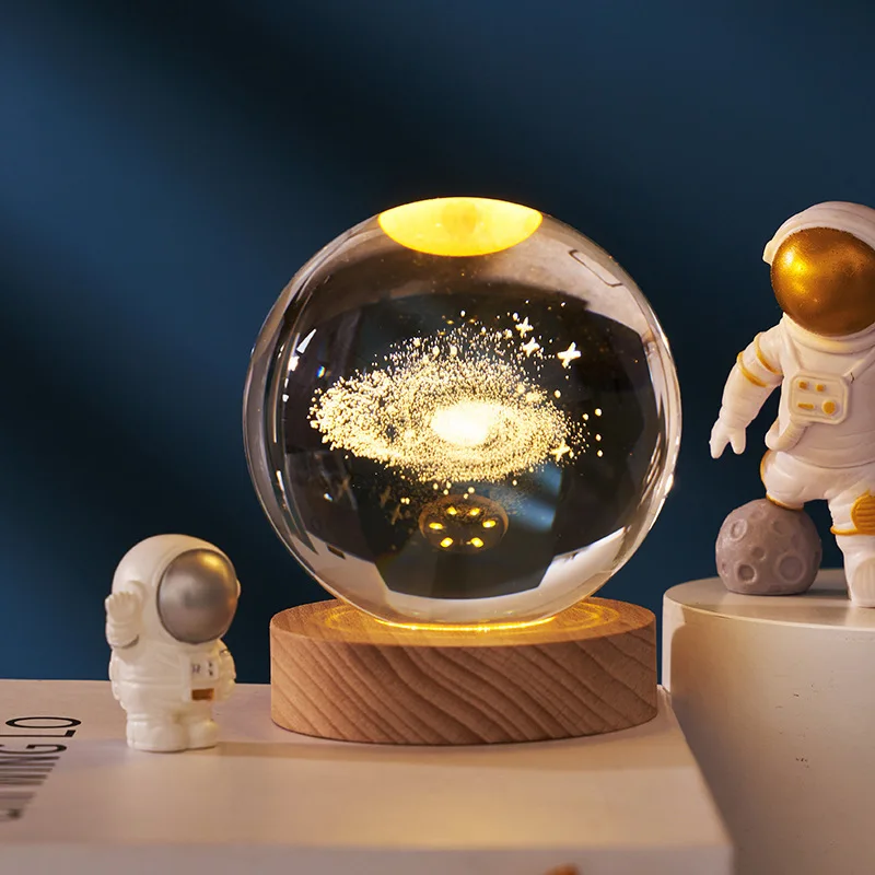 3D Carved Star Solar System Table LED Lamp Wood Base