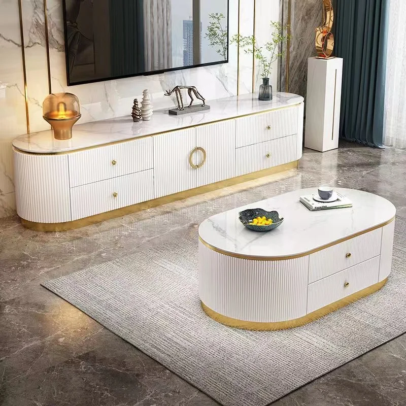 Luxury Living Room Glossy Gold Tv Table Luxury Stainless Steel Marble ...