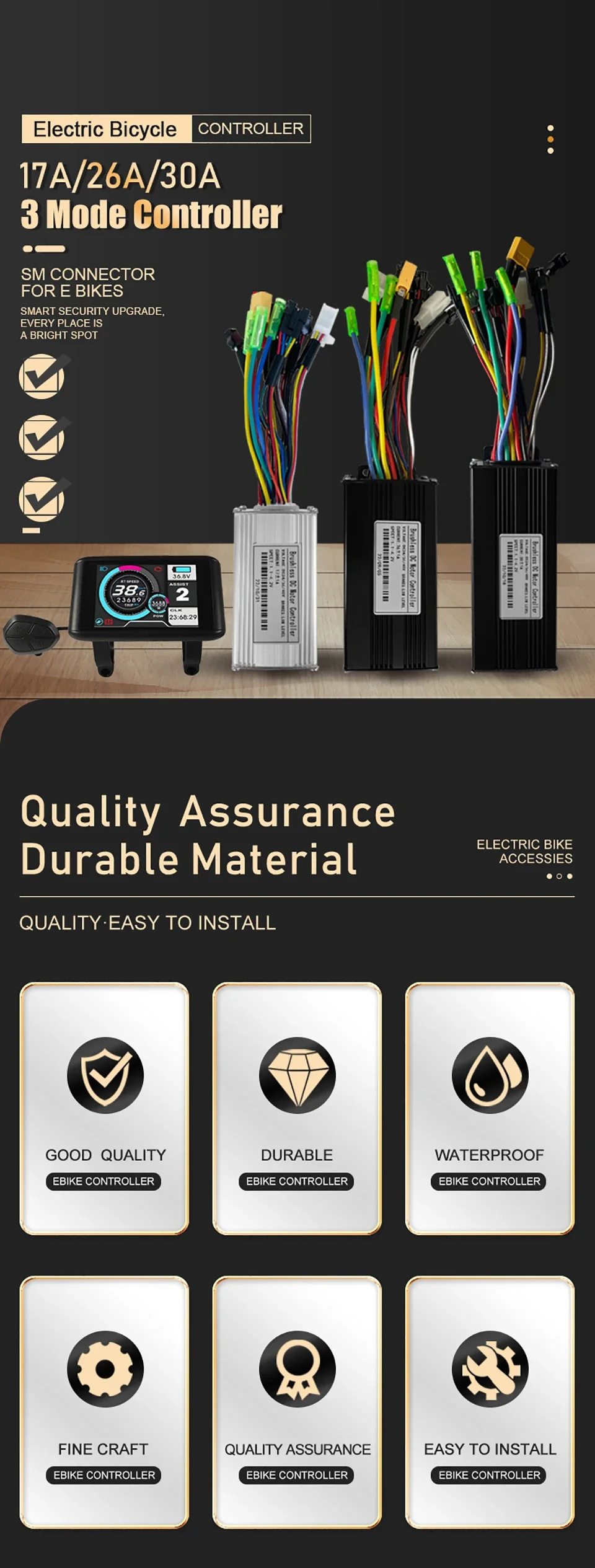 Ebike 36V/48V Controller 17A 26A 30A Three-Mode Sine Wave with LCD UKC1 ...