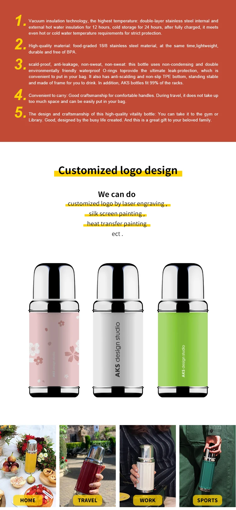 Aks 350ml Thermos Double Wall Vacuum Flask Insulated Stainless Steel Drink Water Bottle - Buy ...