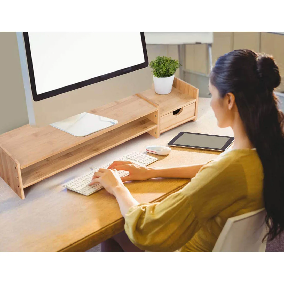 2 Tier Desktop Organizer Set for Home Office - Bamboo Wood