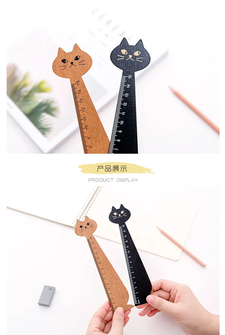 New Cartoon Cat Wooden Ruler Student Ruler Office Stationery Ruler 15cm ...