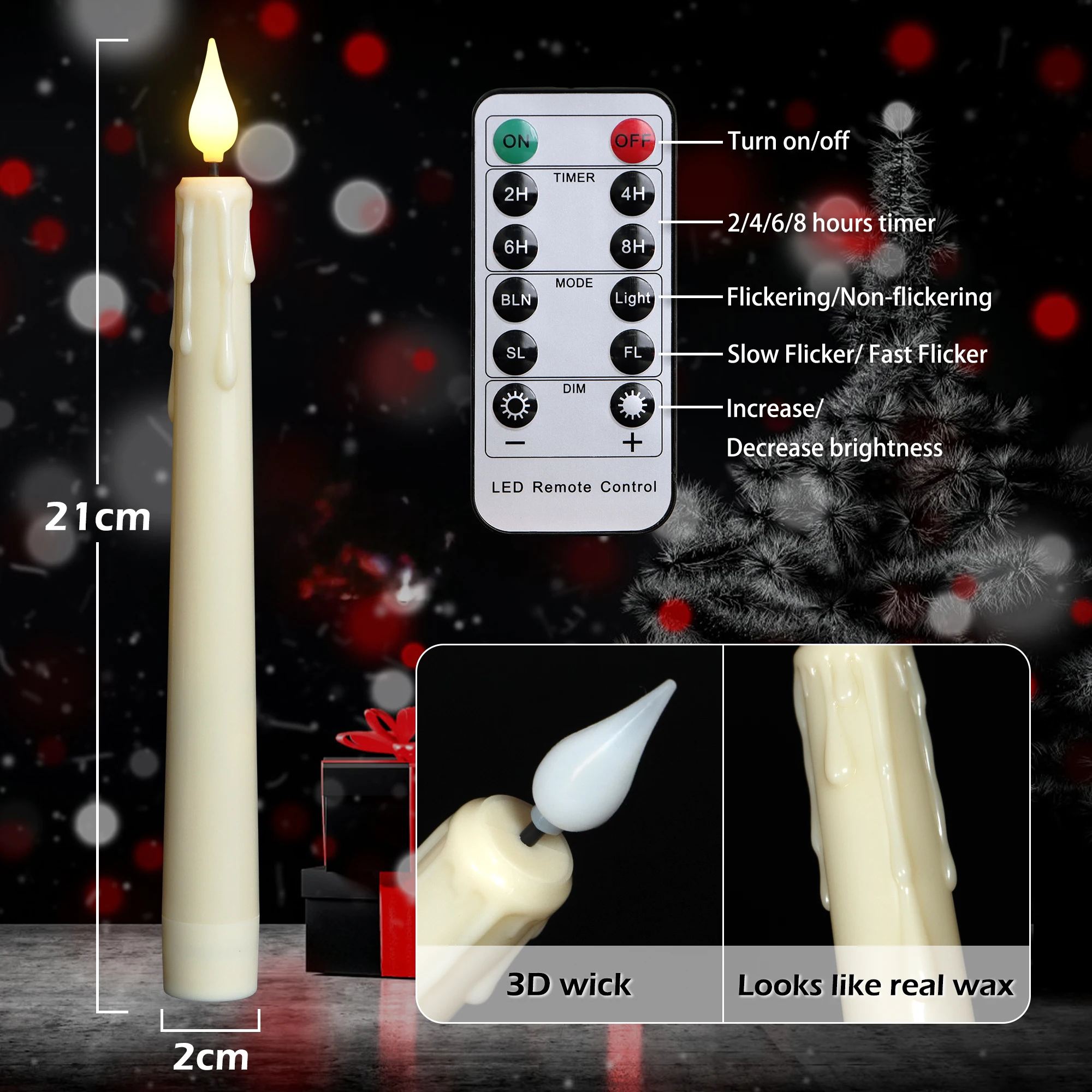 8'' Rechargeable Flickering Flameless LED Candles Taper Remote Control ...