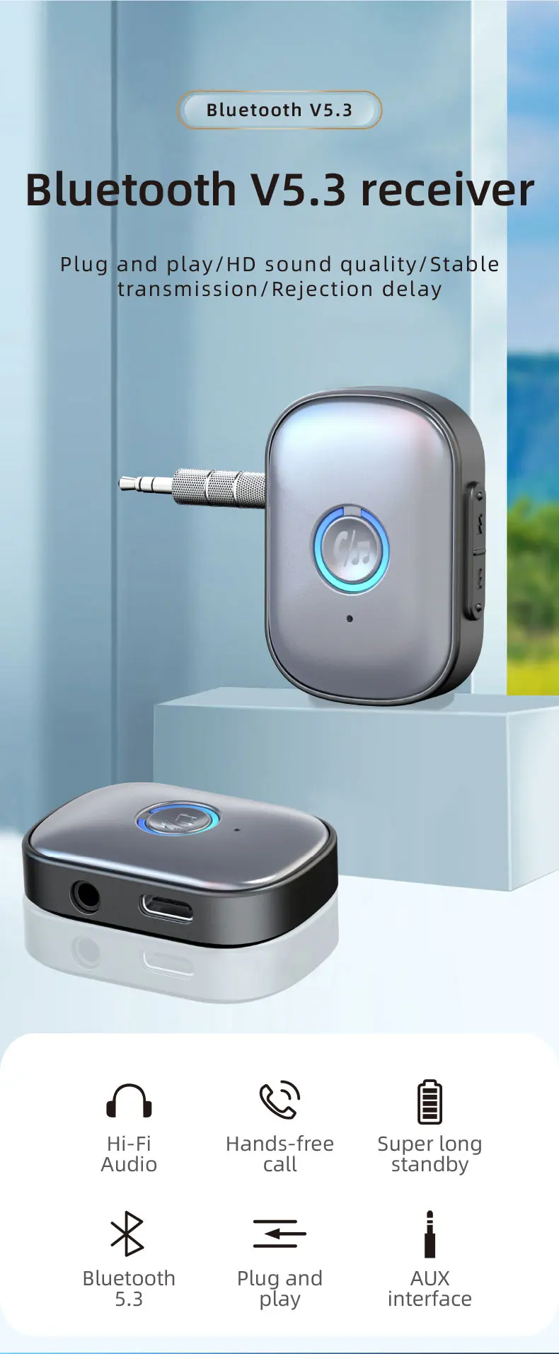 Universal Bluetooth Receiver 3.5mm AUX Wireless Audio Receiver Built-in ...