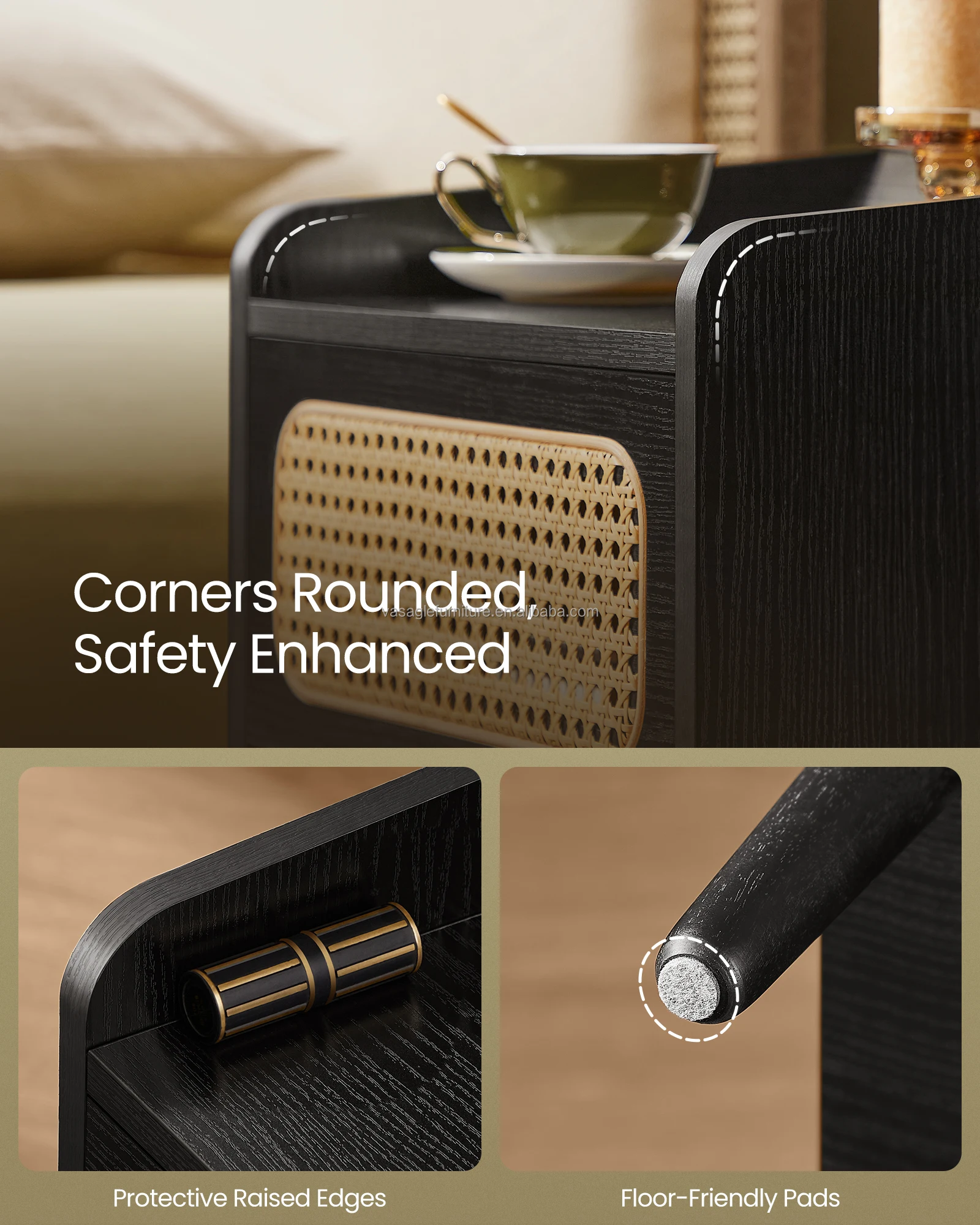 VASAGLE Modern Black Side Table - LED Bedside Light Rattan