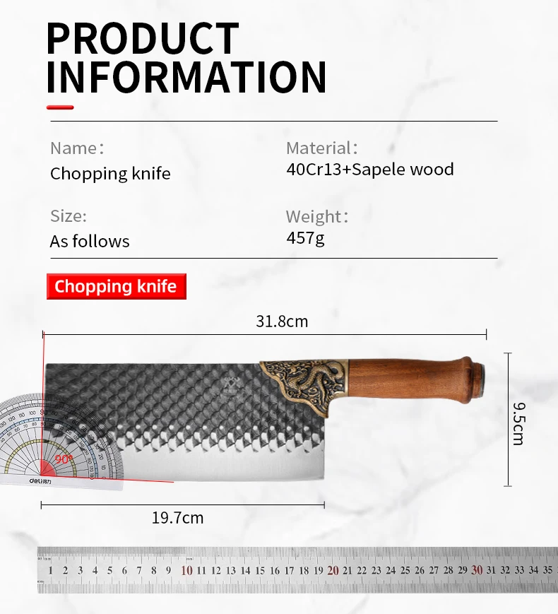 Hammer Pattern Forging Cutting Knife 40cr13 Stainless Steel Sand Than Pear Wood Handle Dragon ...