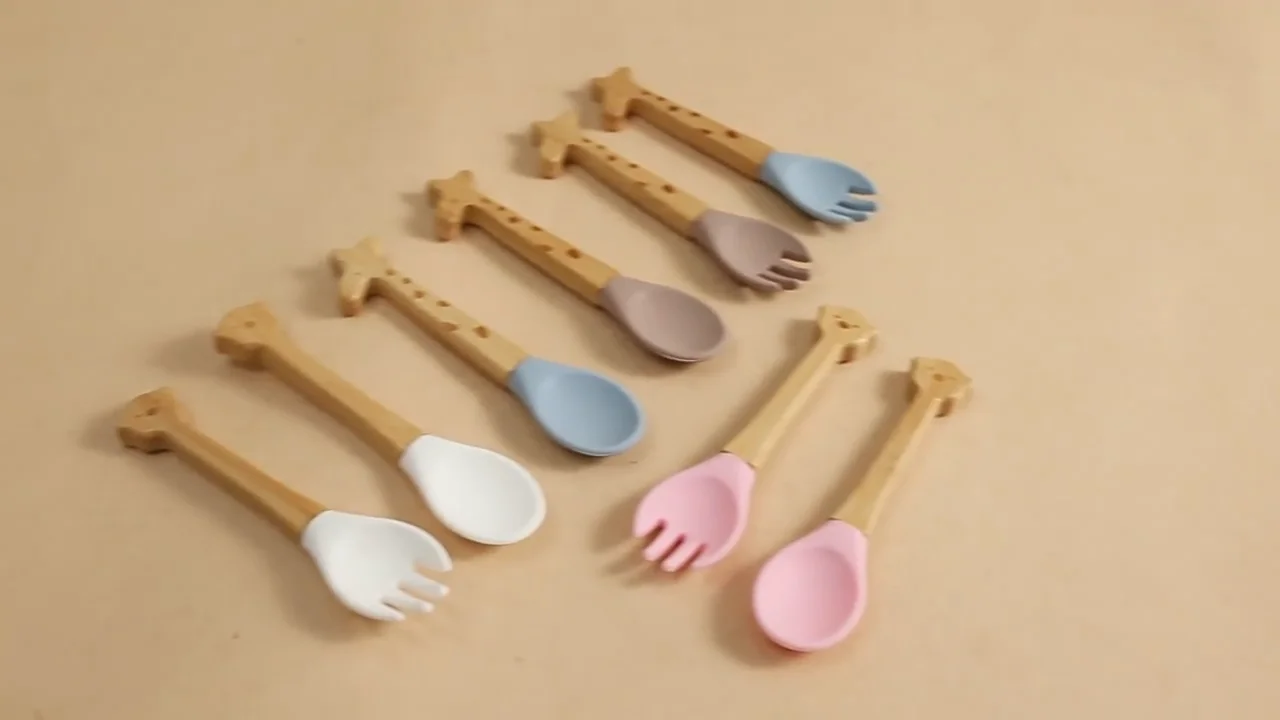 Cartoon Silicone Baby Spoon Fork Feeding Utensil With Cute Giraffe Bear ...
