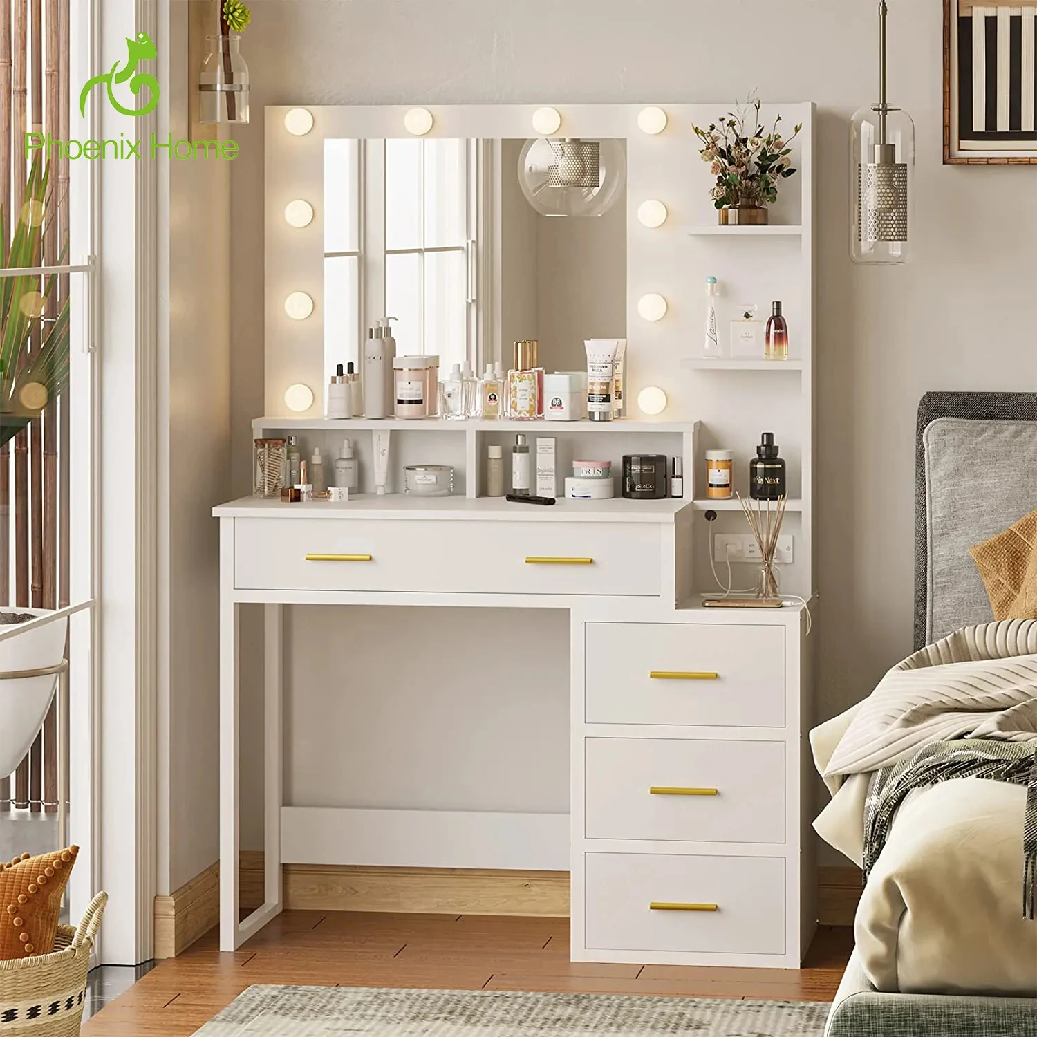 Large Makeup Vanity Table Bedroom Dresser Wooden Mirrored Dressing ...