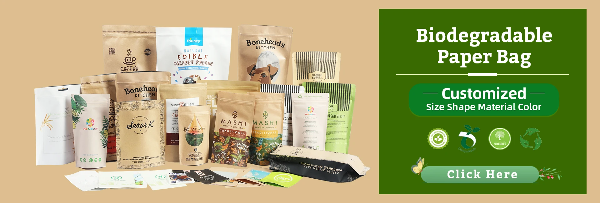 Custom 100% Biodegradable Kraft Paper Pouch Food Packaging Cornstarch ...