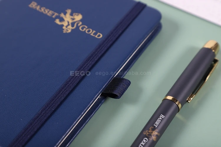 Custom Corporate Diary And Pen Gift Set Logo Gold Foil Business A6 Blue ...