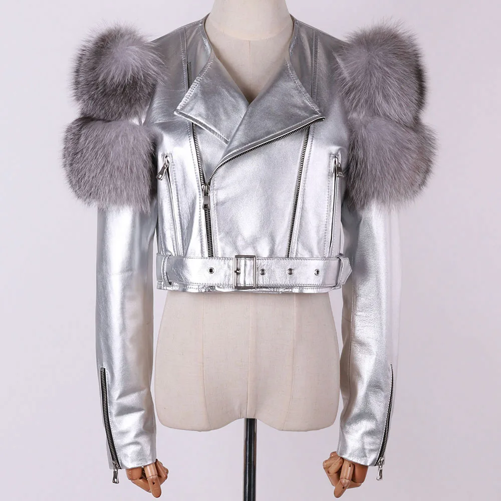 Fur Leather Jacket Ladies Genuine Leather Jacket With Fur Sleeve ...