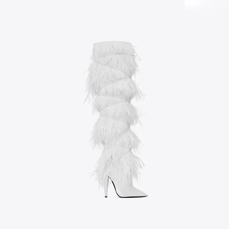 Size 34-45 Show Feather Boots Sexy Ostrich Hair High Heel Pointed ...