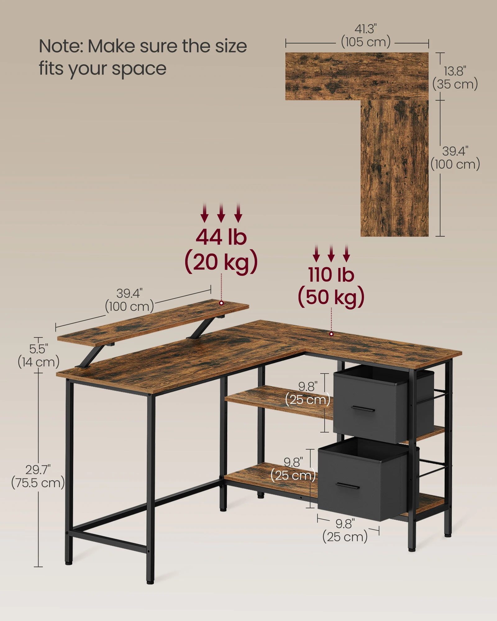 VASAGLE stand L Shaped Desk with 2 Spacious Drawers corner Computer Desk Gaming Desk for Home Office Alibaba