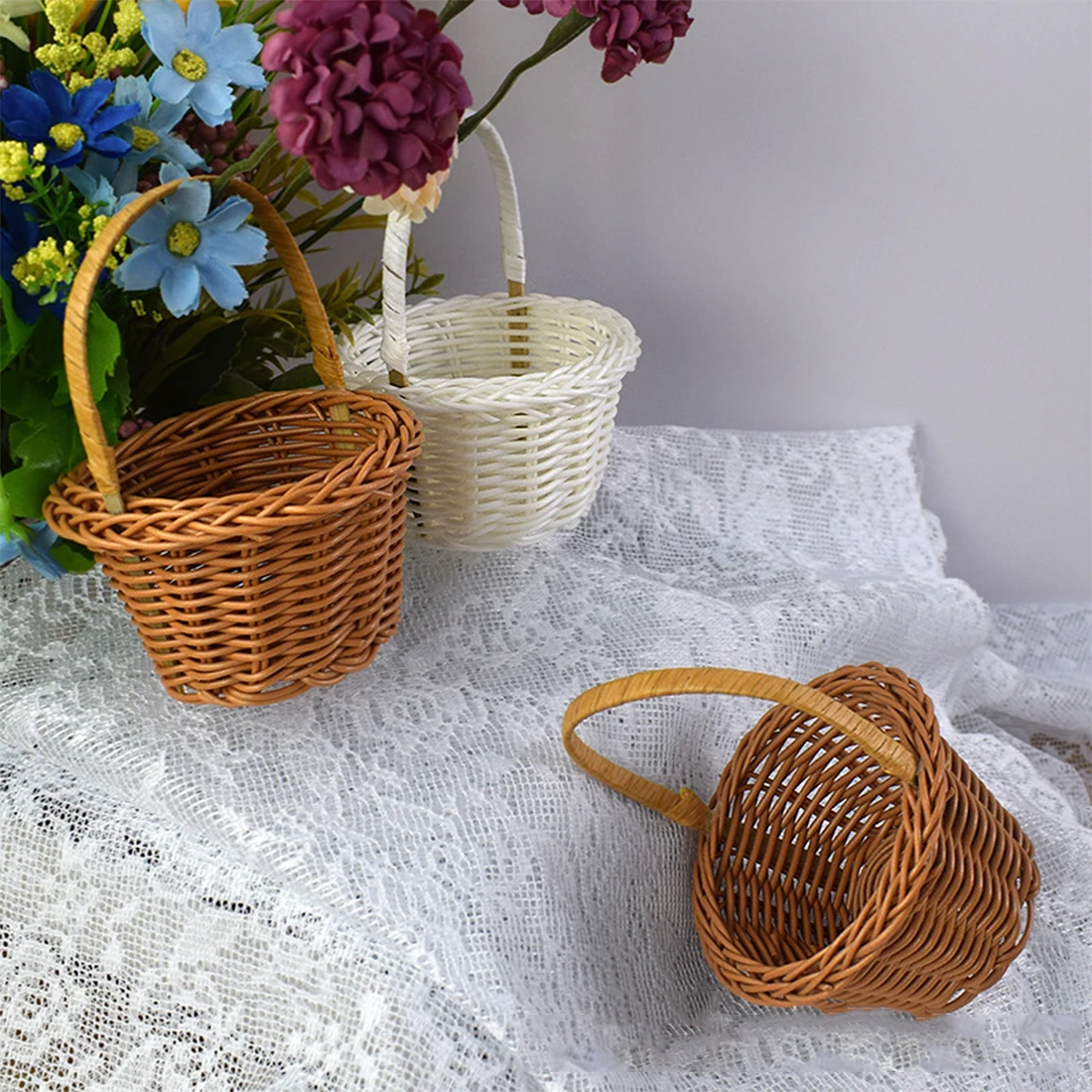 Decorated Mini Round Plastic Rattan Flower Baskets for Wedding Party ...